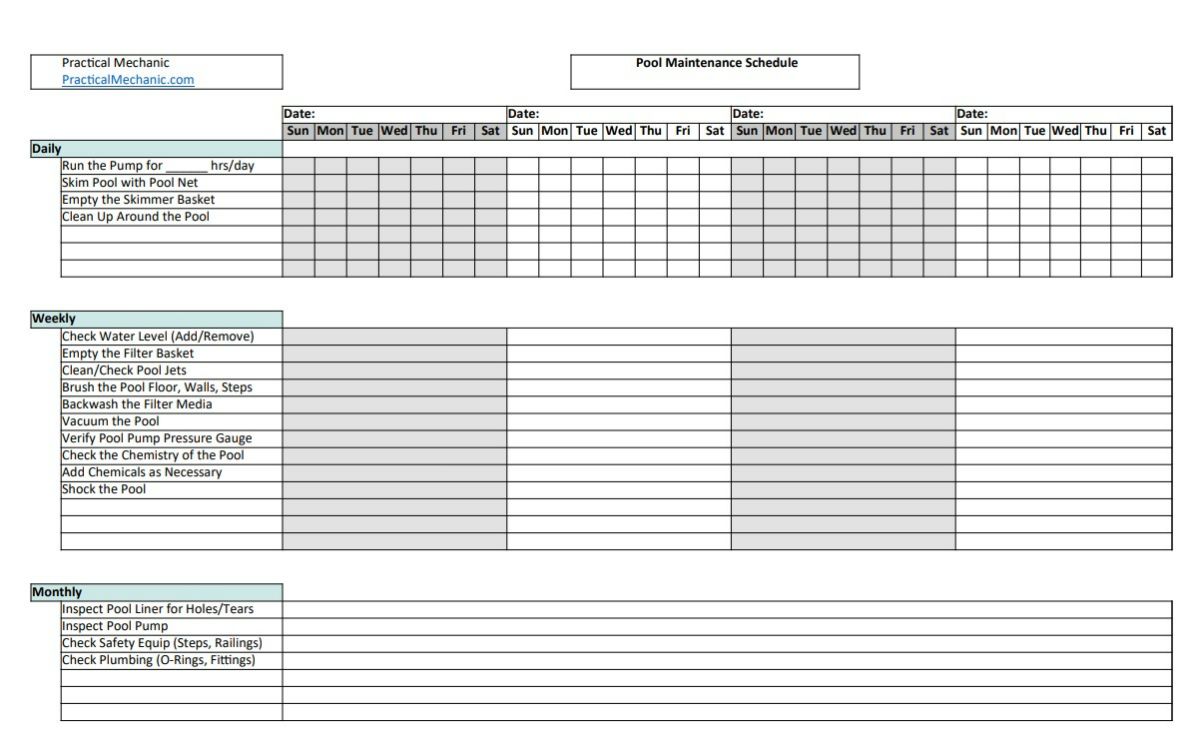 Swimming Pool Maintenance Checklist – Printable PDF – Practical Mechanic